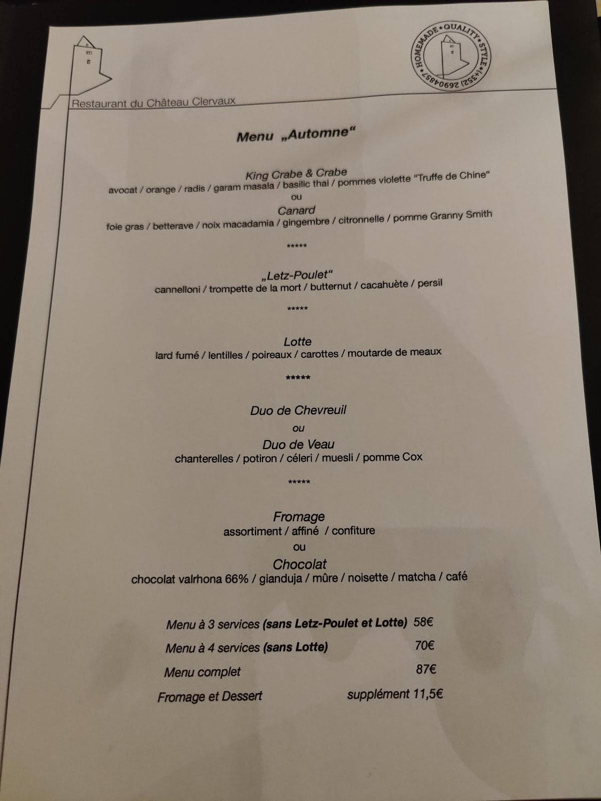 Menu au Restaurant du château, Clervaux