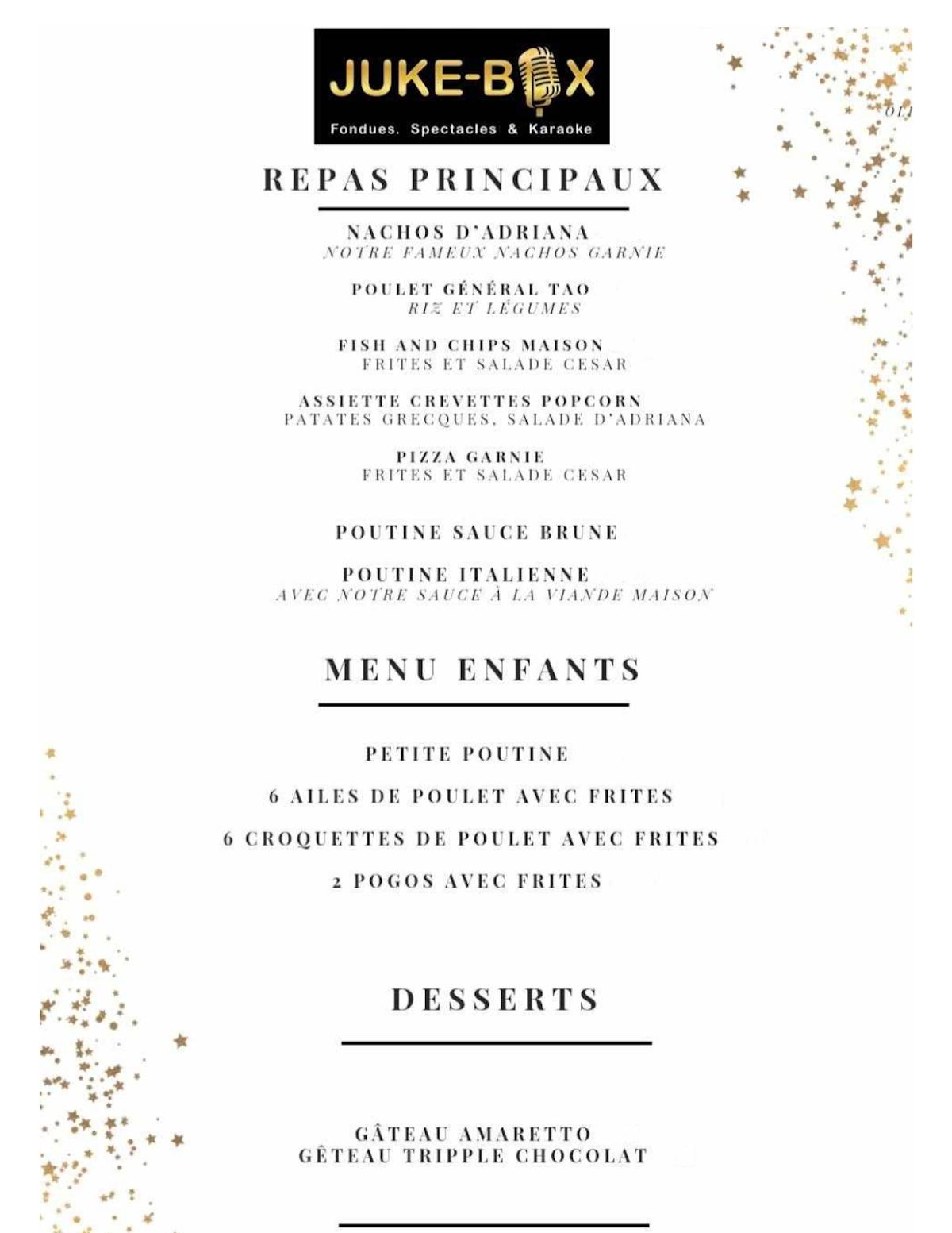 Menu au Restaurant Juke-Box, Québec