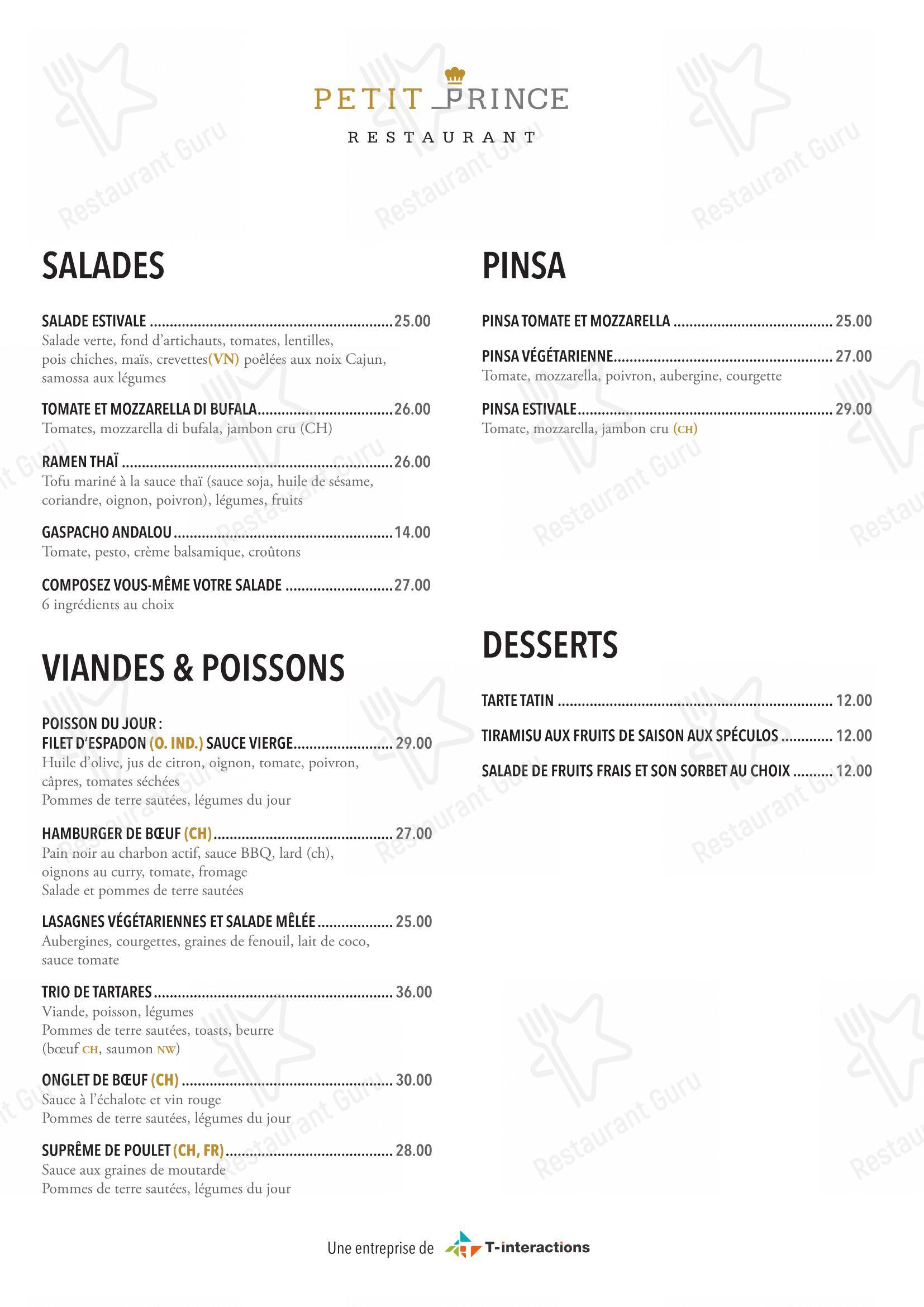 Menu au Restaurant le petit prince, Genève