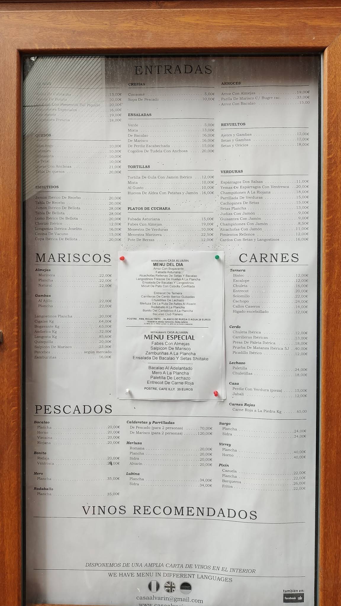 Carta de Restaurante Casa Alvarín, Aviles