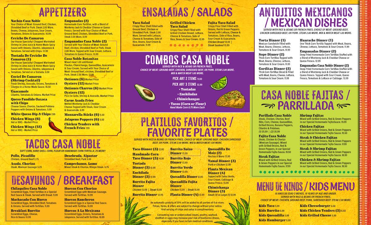 Menu at Restaurante Casa Noble, Waukesha