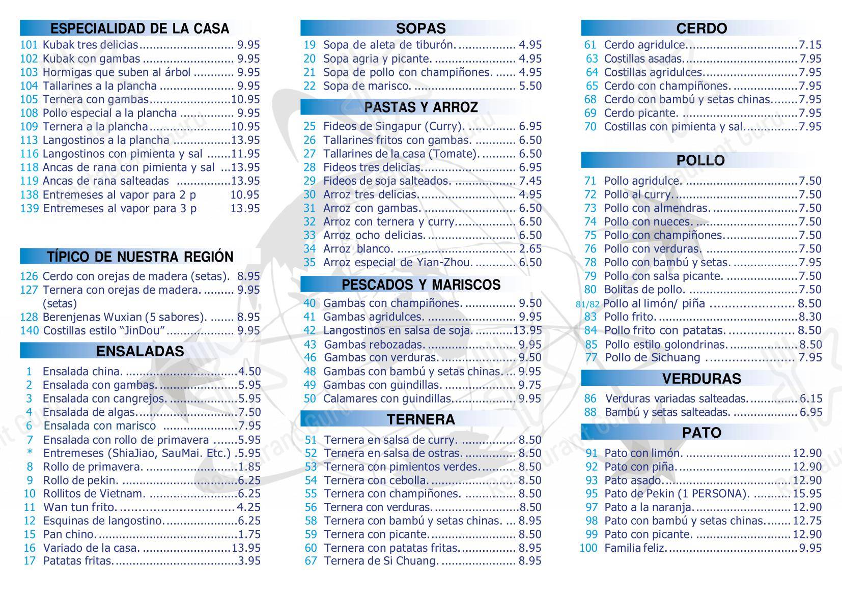 Carta de Restaurante Chino Siglo de Oro, Haro