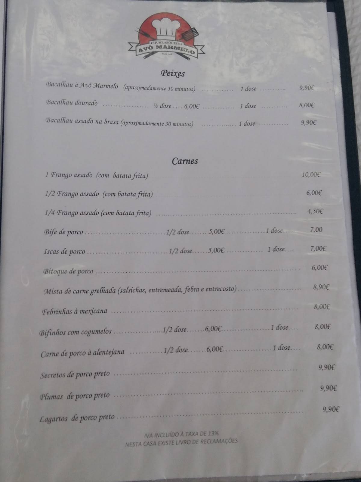 Menu em Restaurante Churrasqueira Avô Marmelo, Portalegre