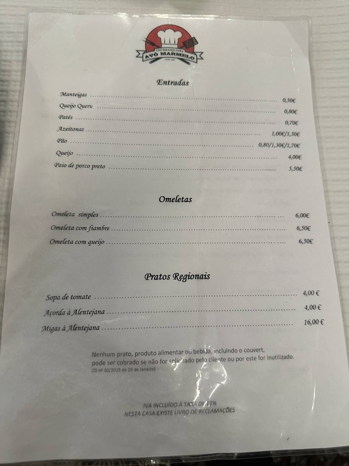 Carta de Restaurante Churrasqueira Avô Marmelo, Portalegre