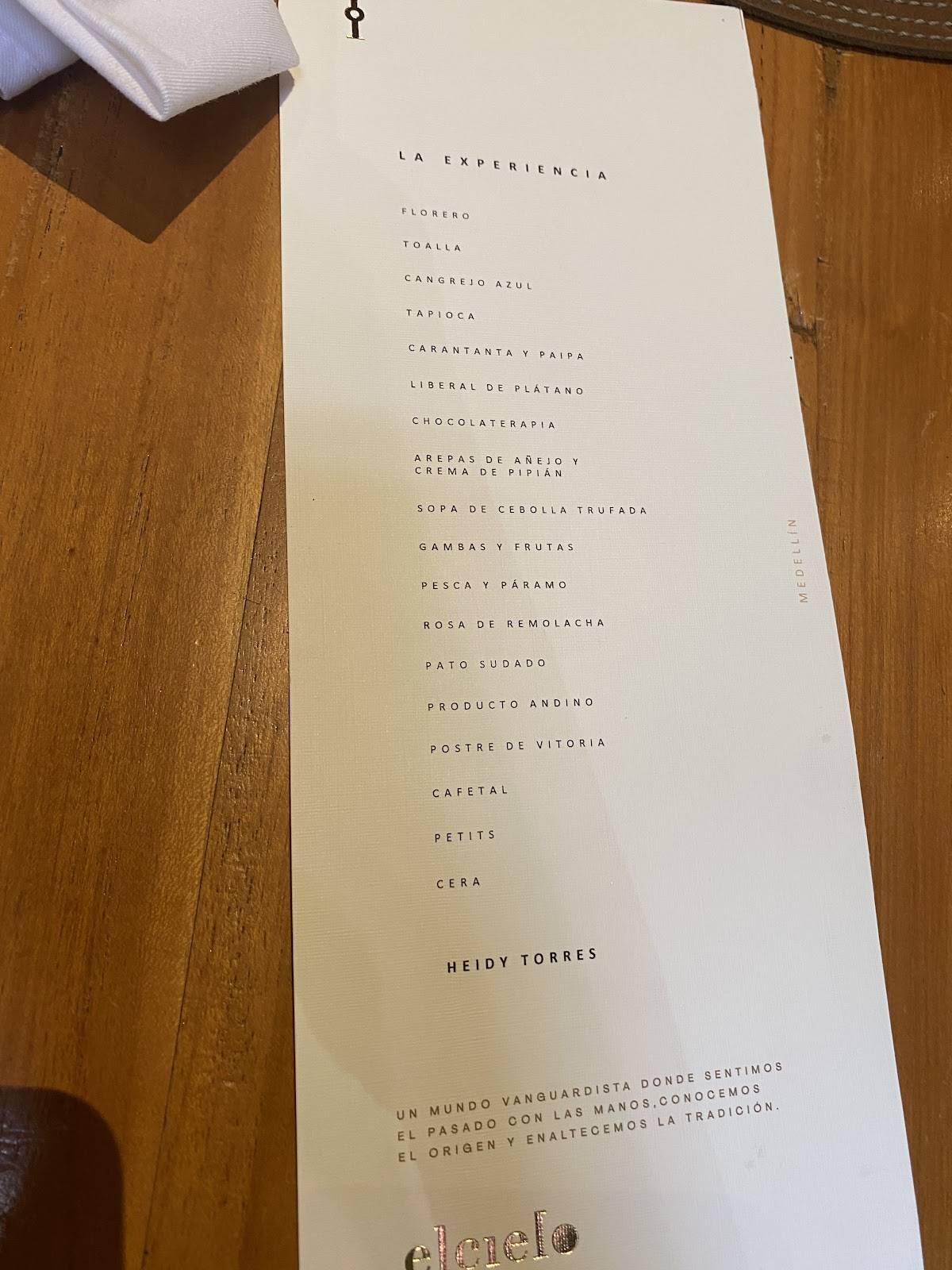 Menu at Elcielo Medellín Restaurant, Medellín