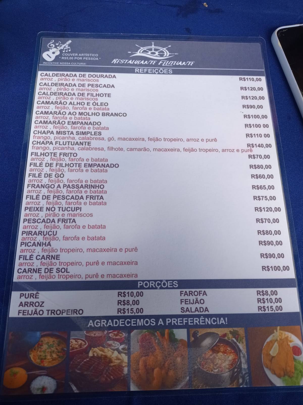Menu em Restaurante Flutuante, Inhangapi, PA-136