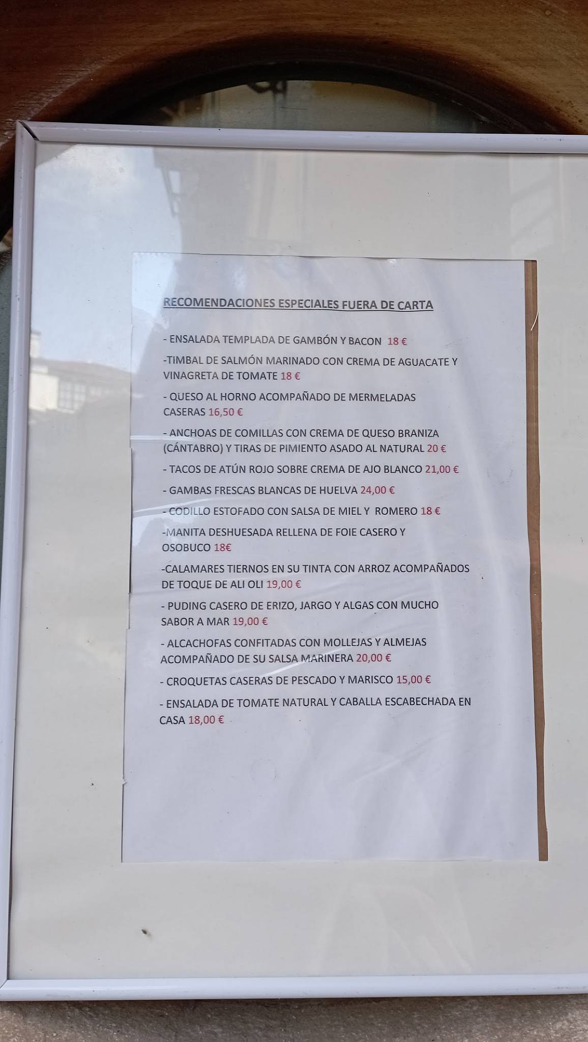 Carta de Restaurante La Aldea, Comillas