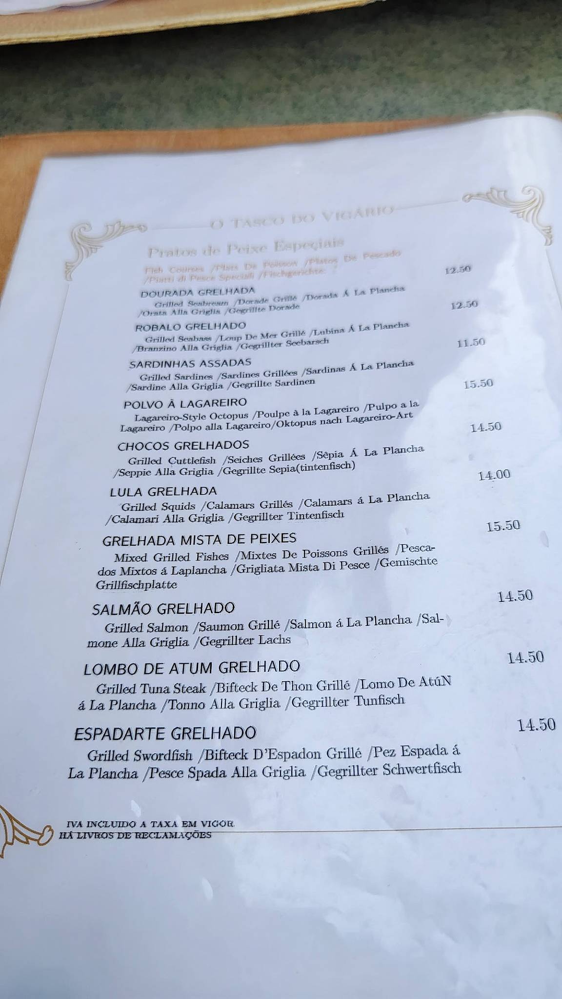 Menu em O Tasco do Vigário restaurante, Lisboa, R. do Vigário 18