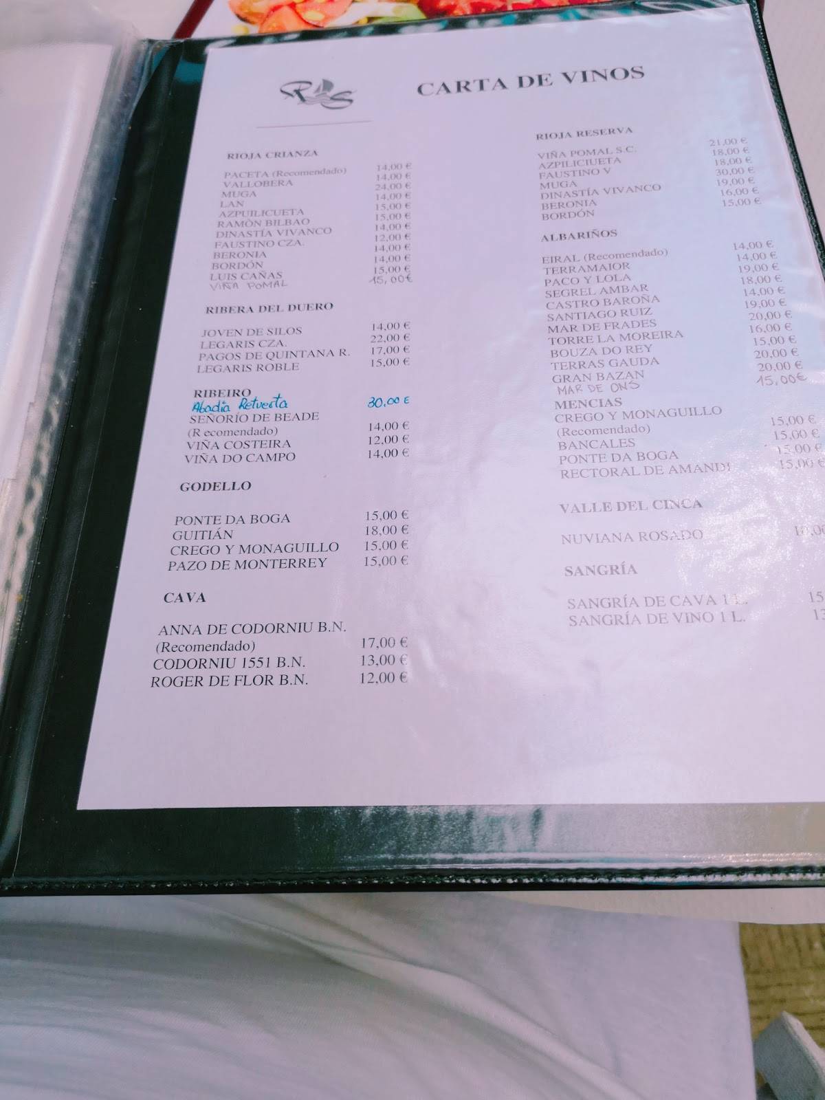Carta de Restaurante Parrillada Ria de Sada, Sada