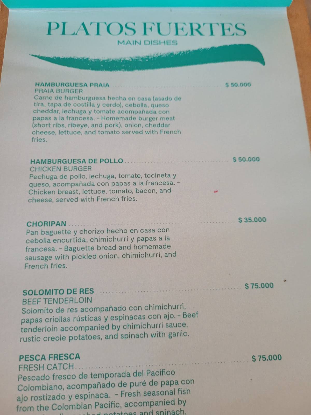 Menu at Restaurante Praia, Colombia