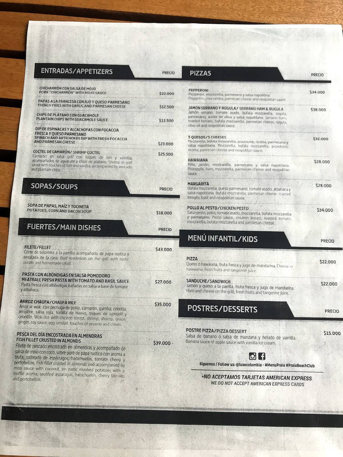Menu at Restaurante Praia, Colombia