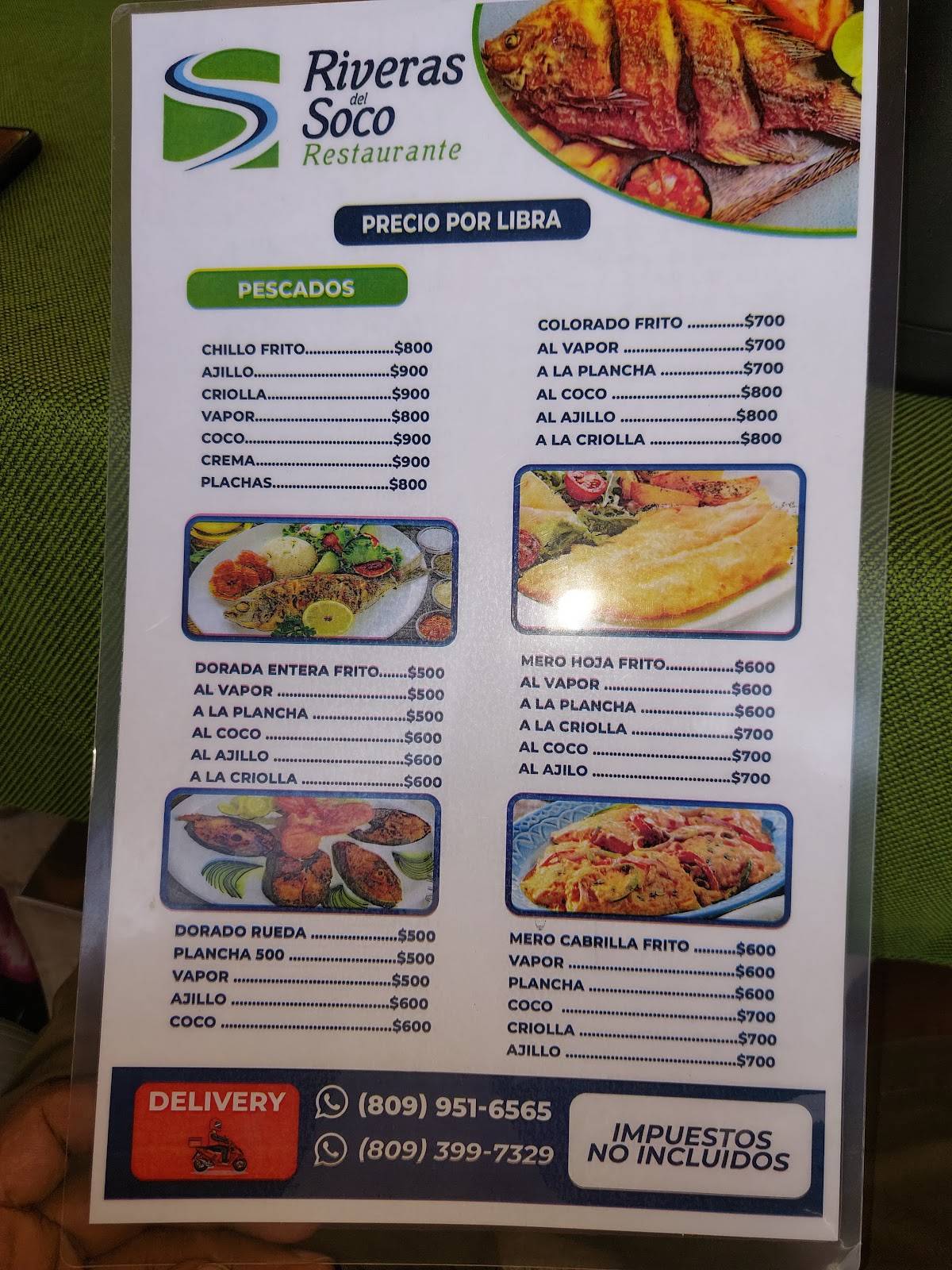 Carta de Restaurante Rivera del Soco, Dominicana