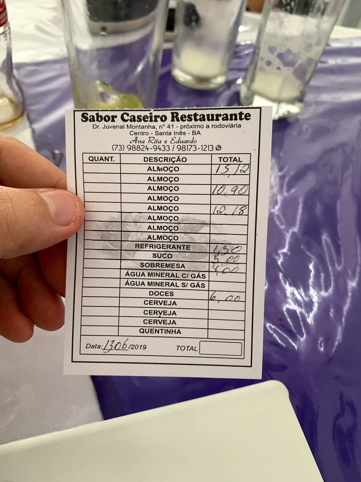 Menu em Restaurante Sabor Caseiro, Brasil, Praça dr juvenal montanha