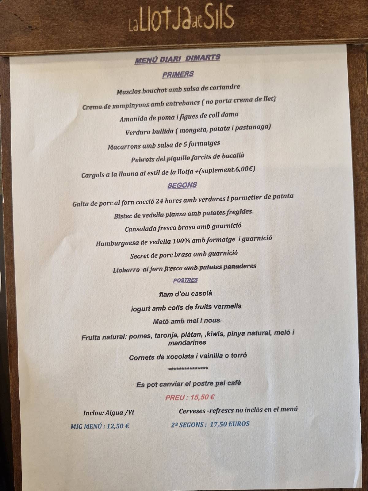 Menu at Restaurante la Llotja de Sils, Sils, N-2