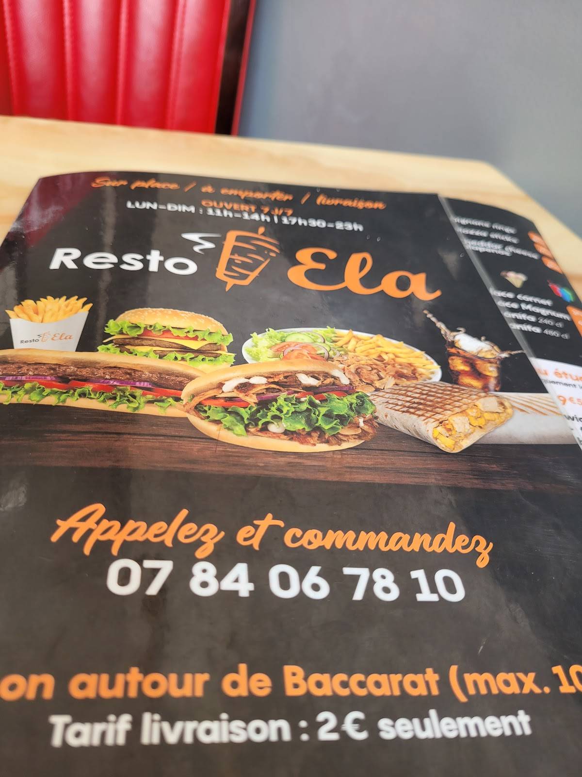 Menu au Resto' ELA restaurant, Baccarat