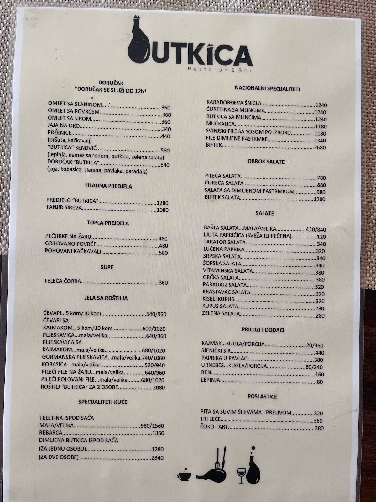 Menu at Restoran Butkica restaurant, Belgrade