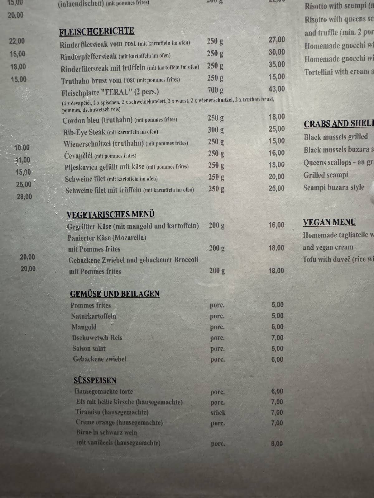 Menu at Restoran Feral restaurant, Bašanija