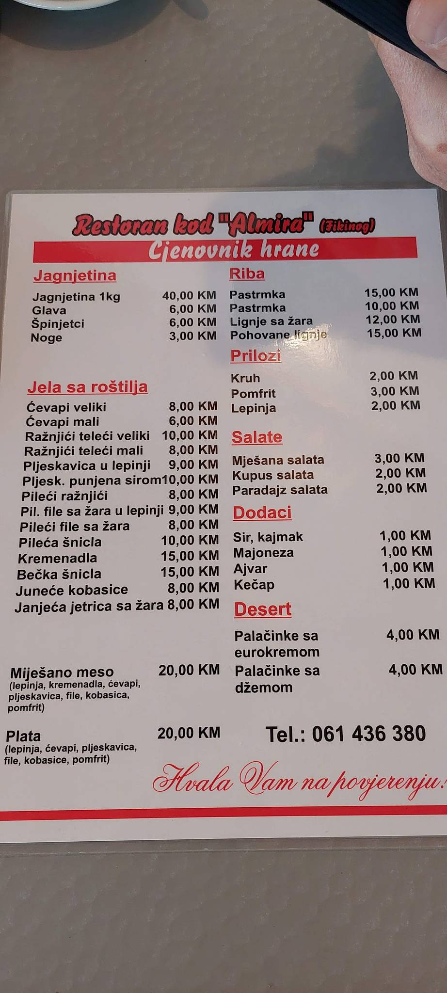 Menu at Restoran Kod Almira restaurant, Bosnia and Herzegovina