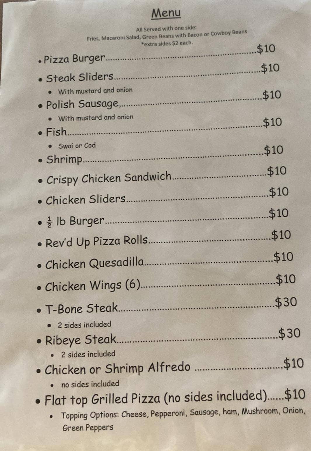 Menu at Rev'd up Black Oak Grill & Saloon restaurant, Stevenstown, Co Rd V