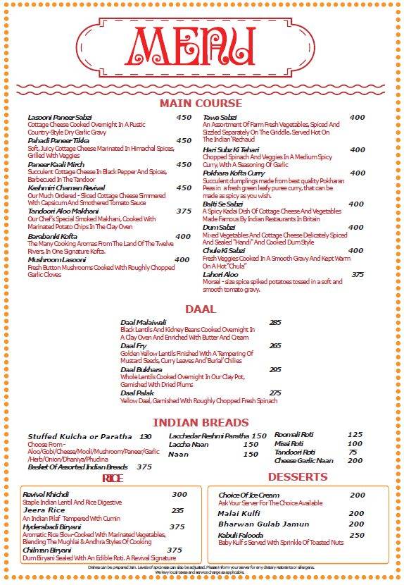 Menu at Revival Restaurant - Pure Veg and Jain Restaurant Sea Facing ...