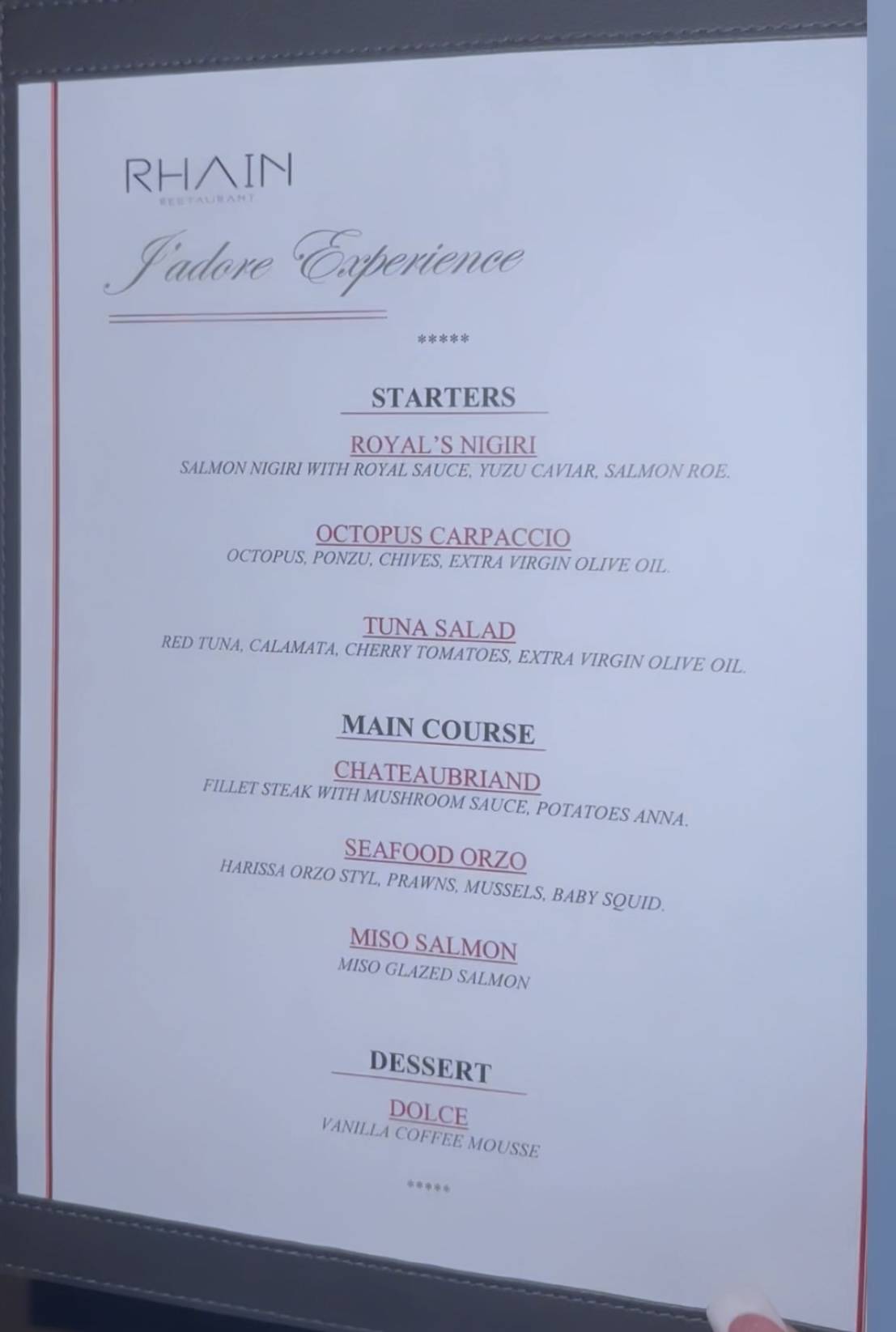 Menu at Rhain Dubai steakhouse, Dubai