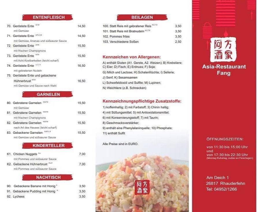 Menu at Asia-Restaurant Fang, Rhauderfehn