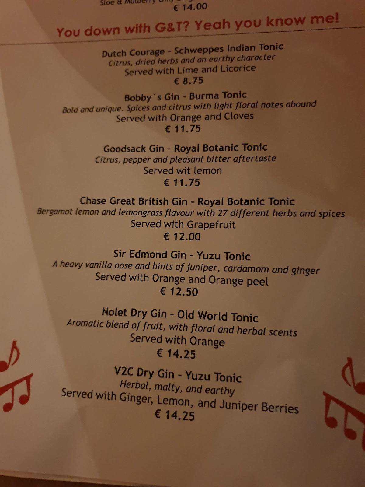 Menu at Rhythms Bar + Kitchen, Amsterdam