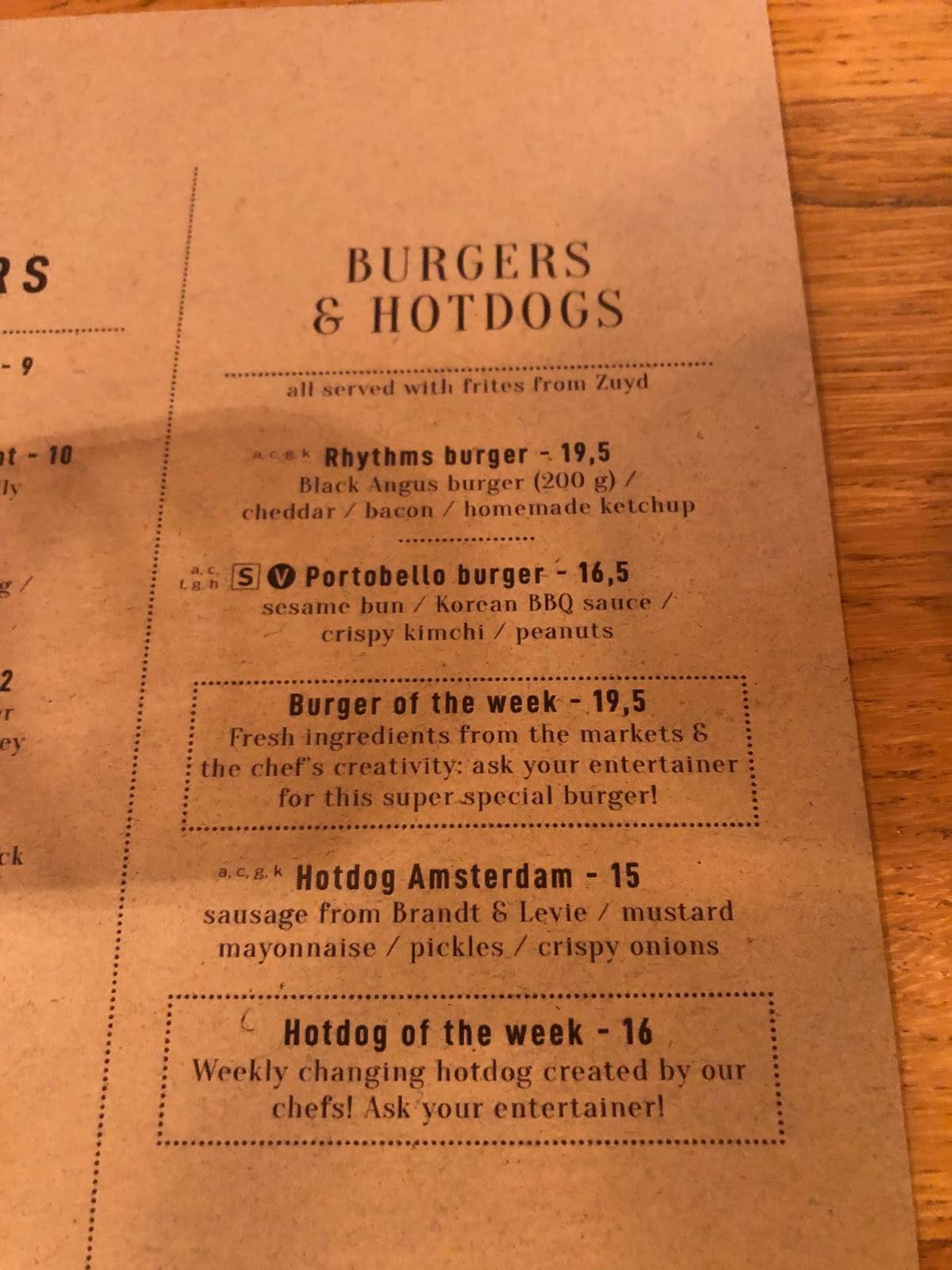 Menu at Rhythms Bar + Kitchen, Amsterdam