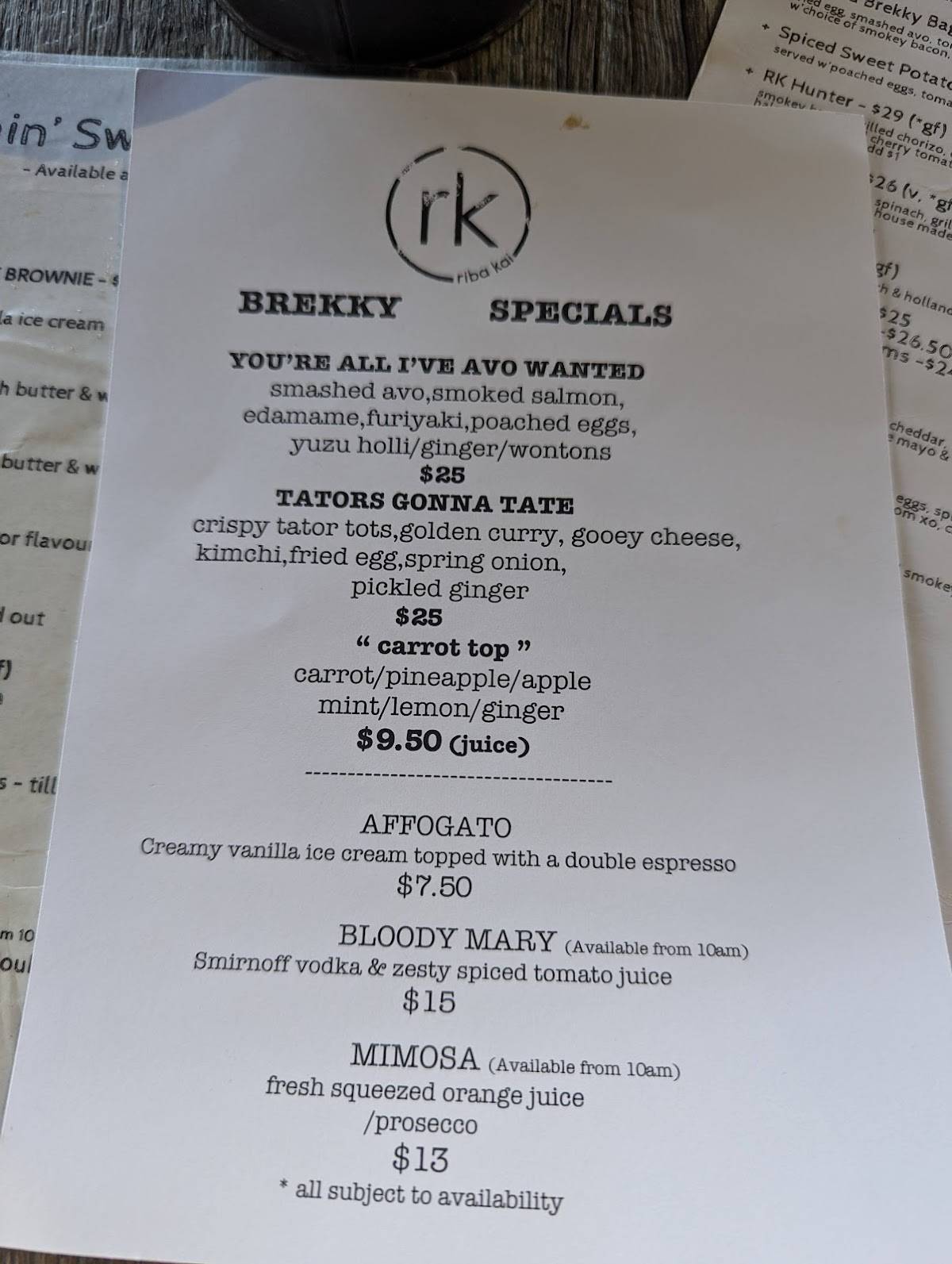 Menu at Riba Kai restaurant, Maroochydore, 1/14 Newspaper Pl