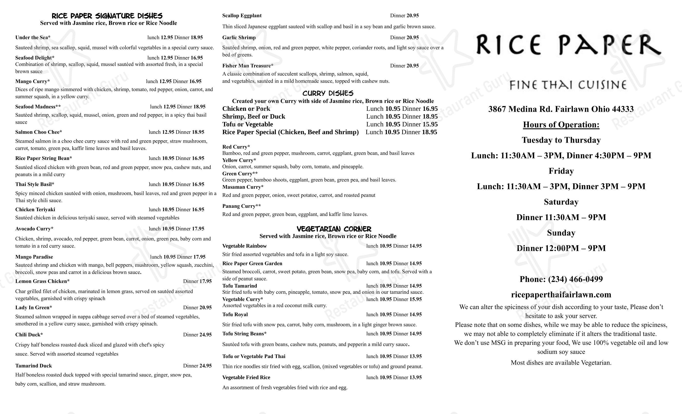 Menu at Rice Paper Thai Cuisine restaurant, Fairlawn