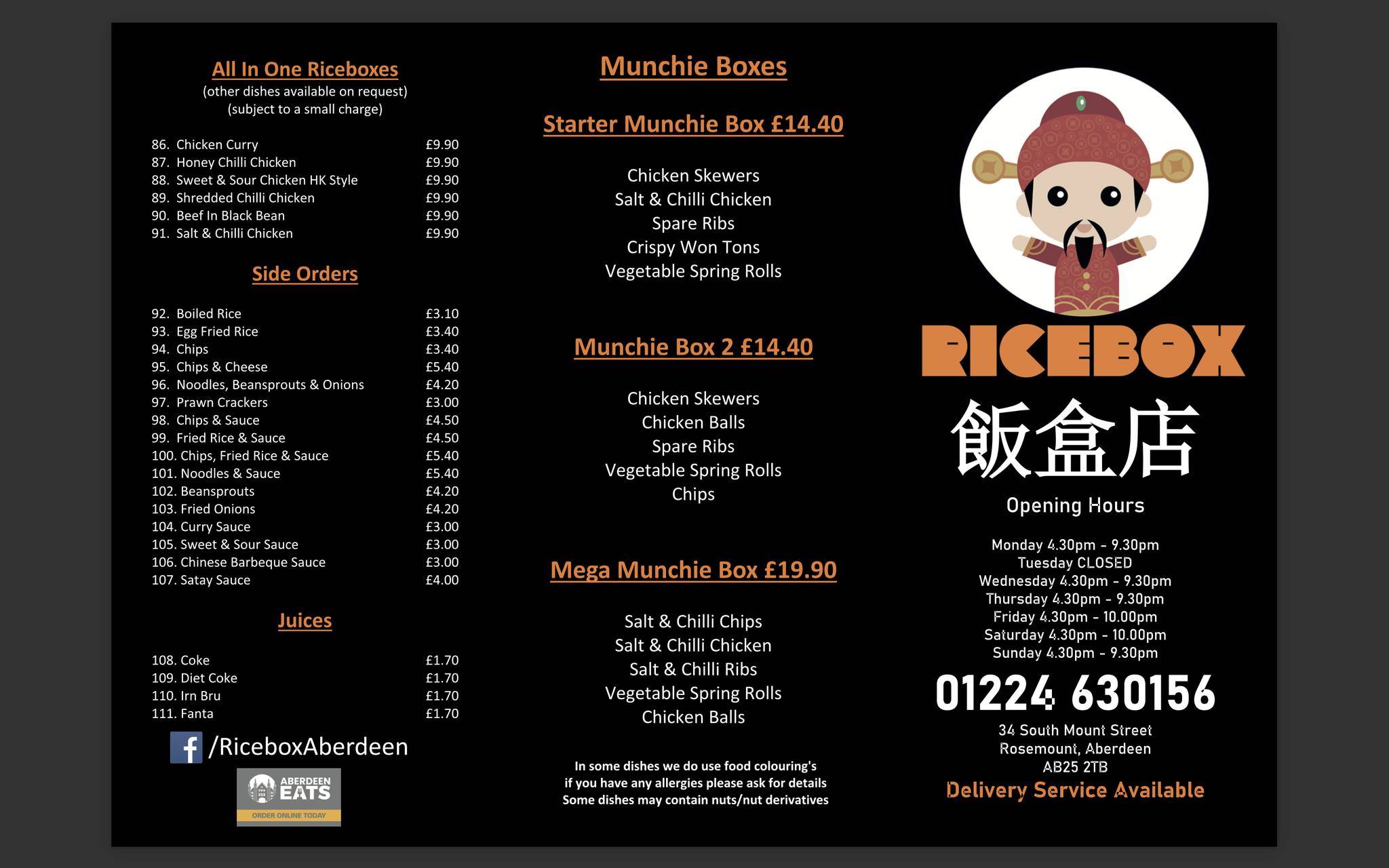 Menu at Ricebox fast food, Aberdeen