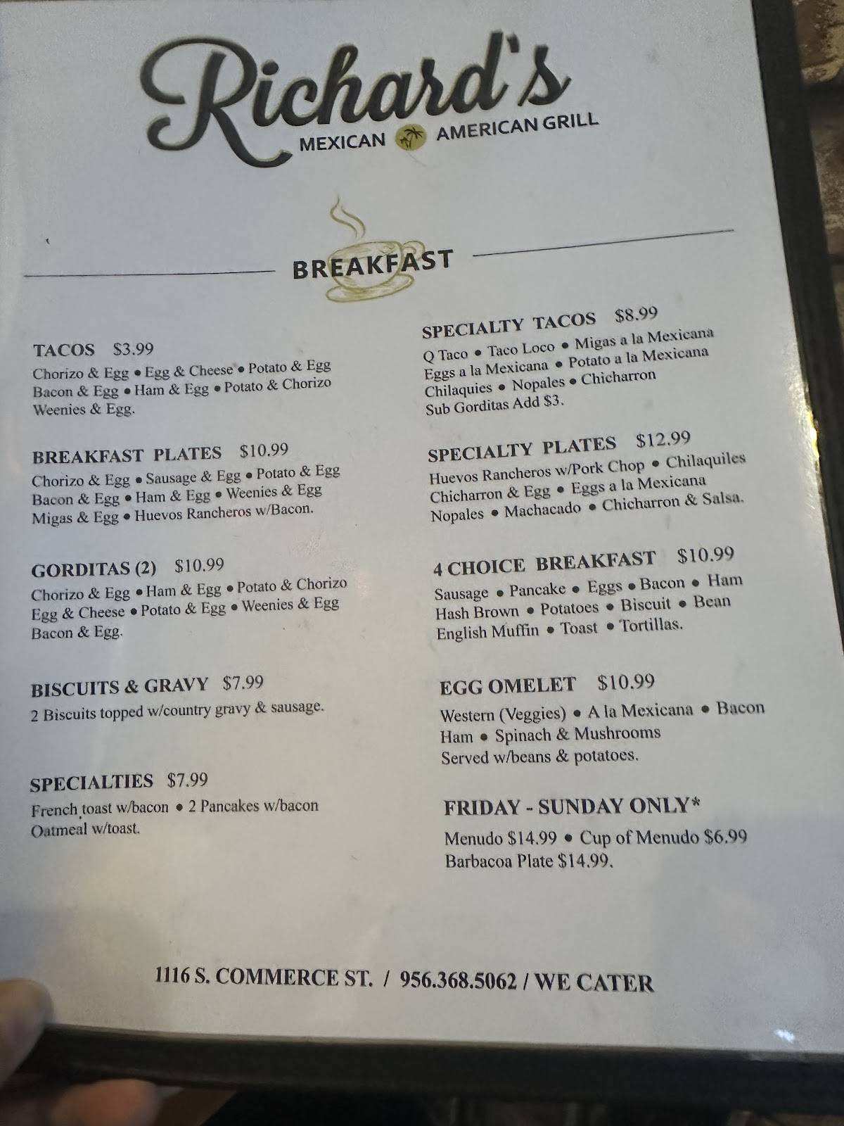 Menu at Richard's Restaurant, Harlingen