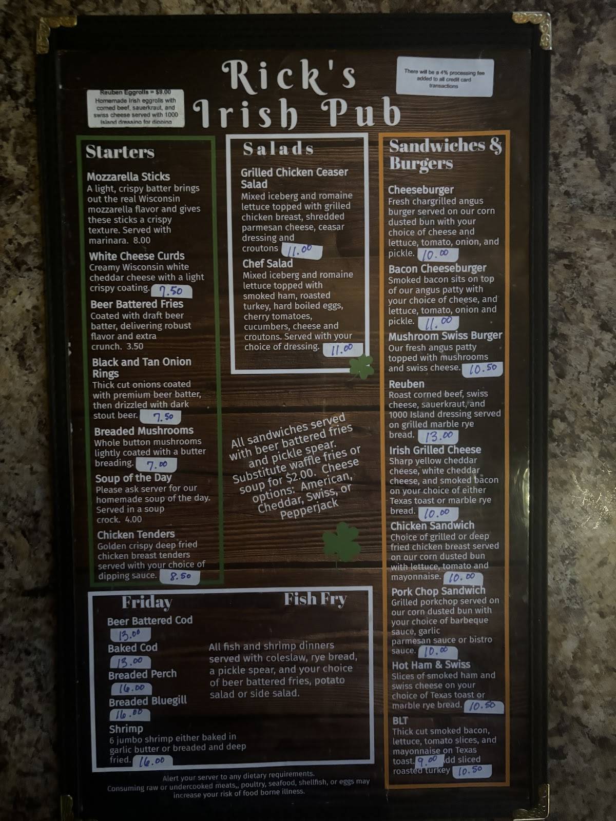 Menu at Rick’s Irish Pub, Redgranite