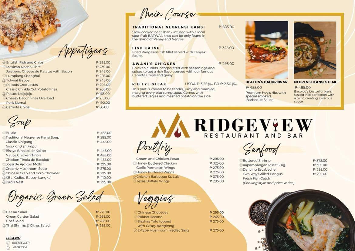 Menu at Ridgeview Restaurant & Bar, San Carlos City