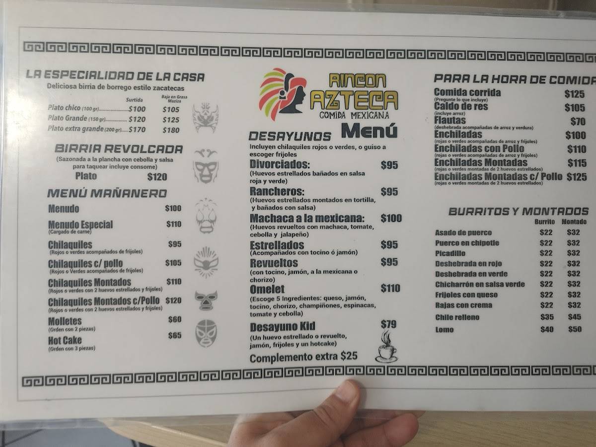 Carta del restaurante Rincon Azteca, Chihuahua