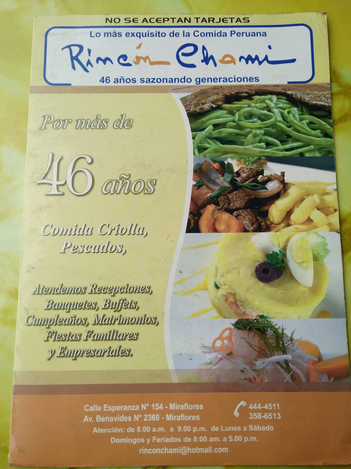 Carta del restaurante Rincón Chami, Miraflores, C. Esperanza 154