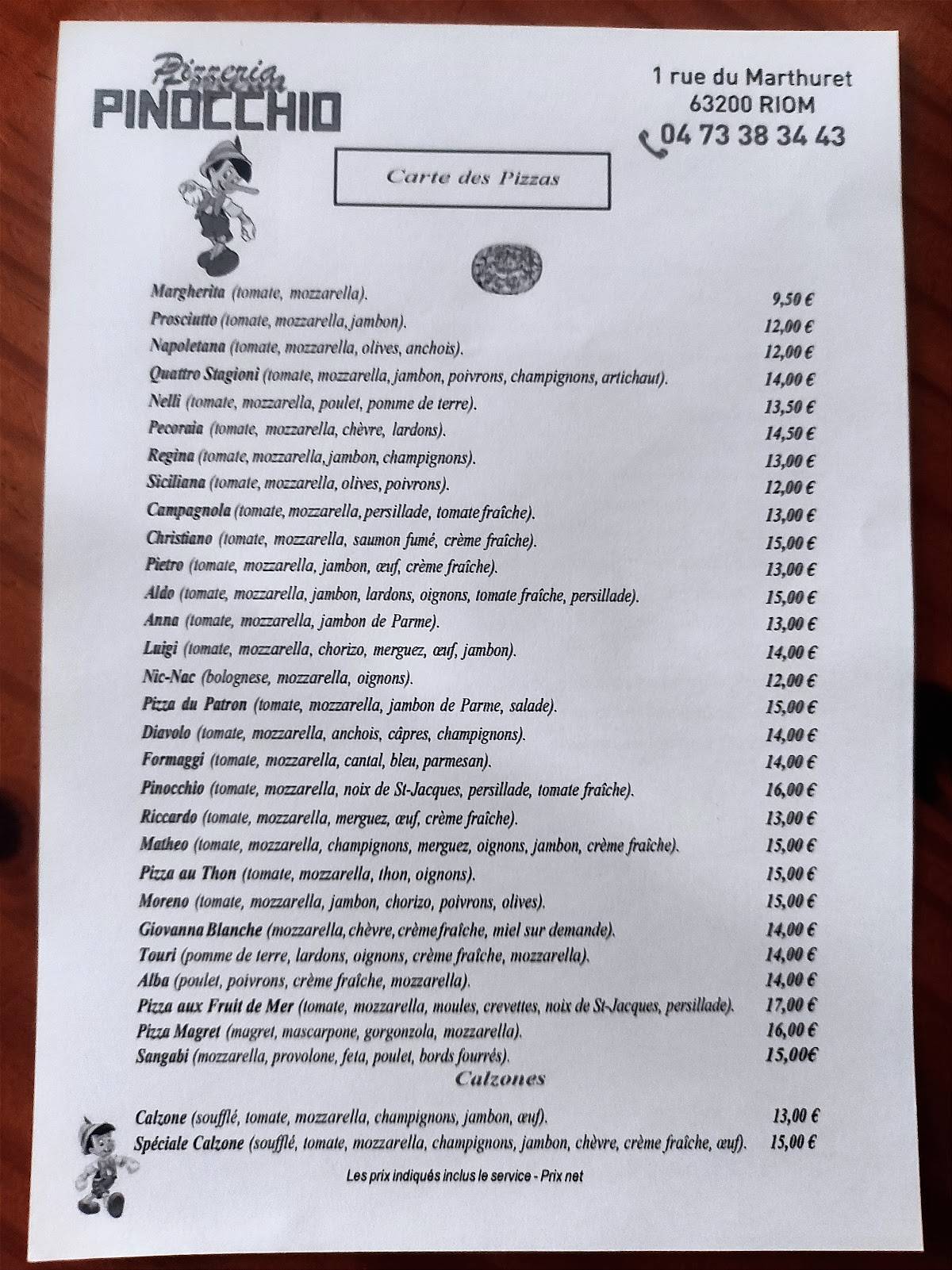 Menu au Le Pinocchio restaurant, Riom