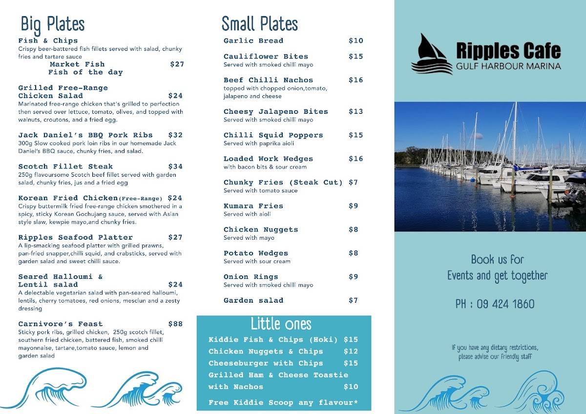Menu at Ripples Cafe on the Marina, Auckland
