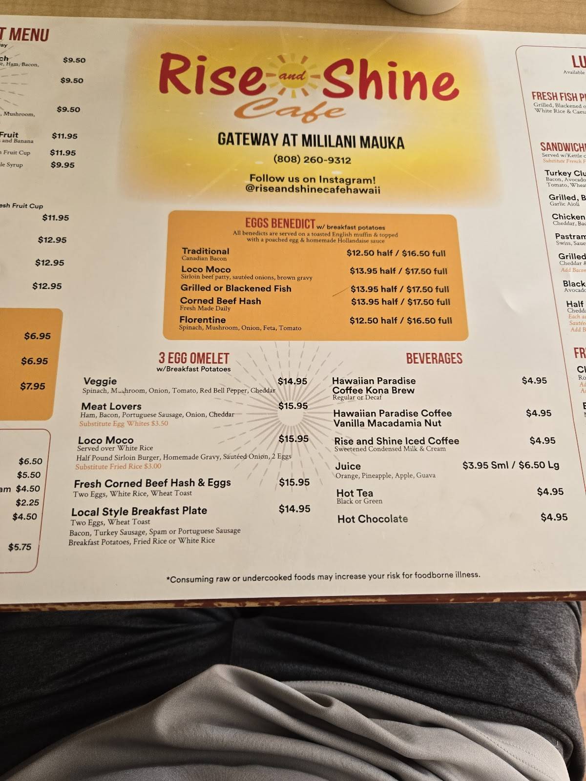 Menu at Rise and Shine Cafe, Mililani