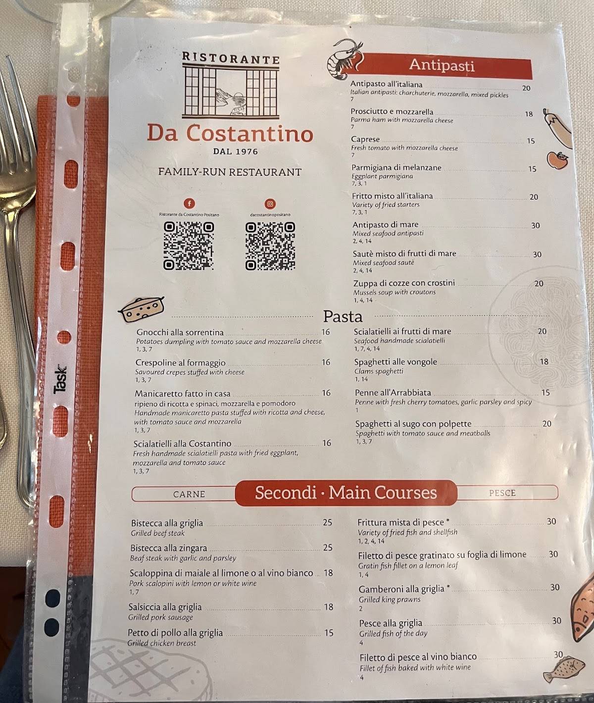Menu at Ristorante Da Costantino, Positano