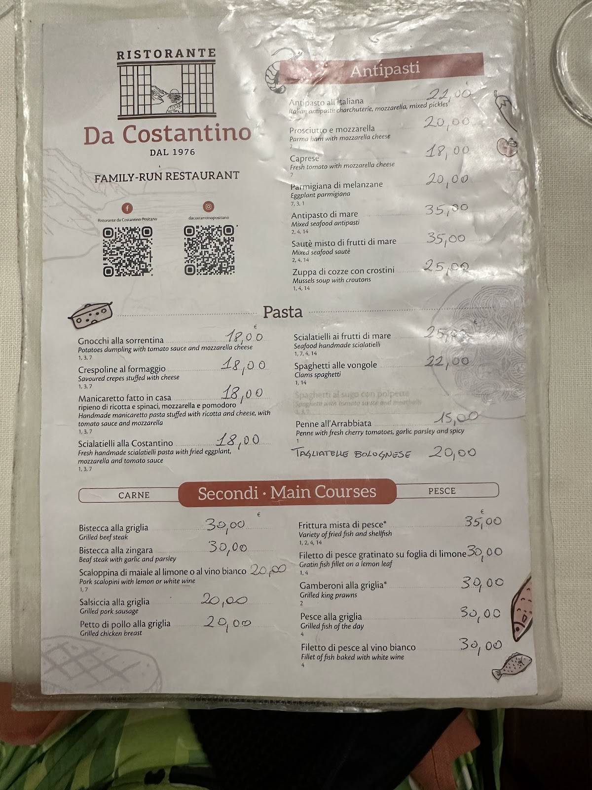 Menu da Ristorante Da Costantino, Positano