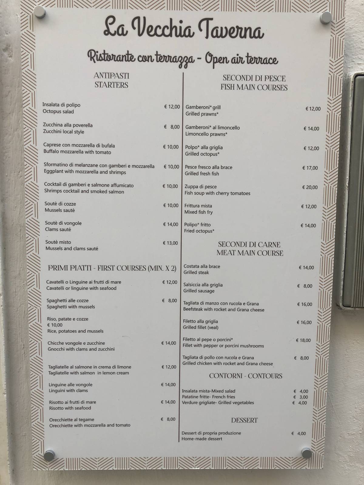 Carta de Ristorante La Vecchia Taverna, Monopoli