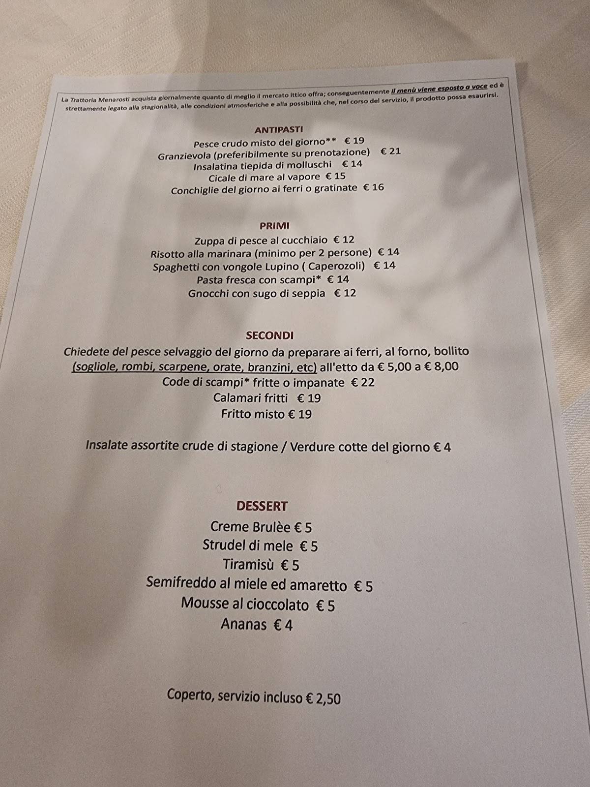 Menu da Menarosti ristorante, Trieste, Via del Toro