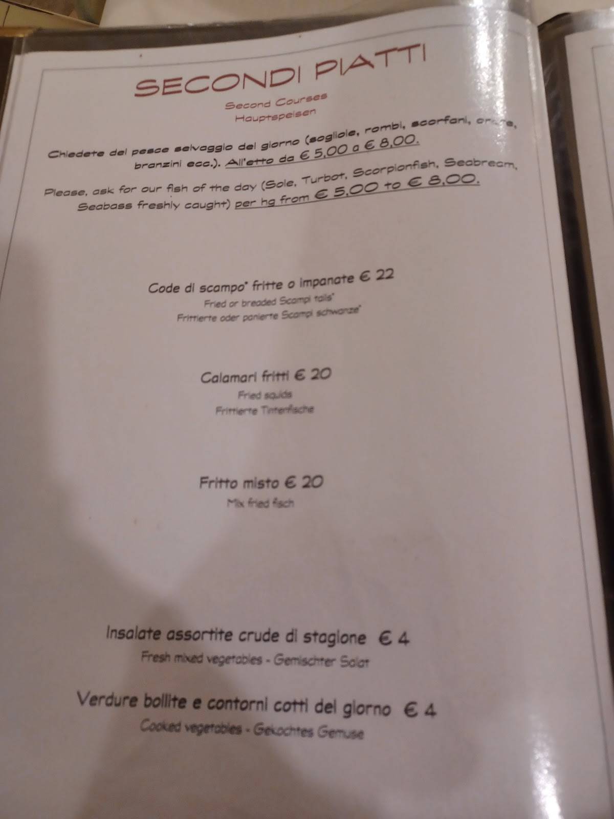 Menu da Menarosti ristorante, Trieste, Via del Toro