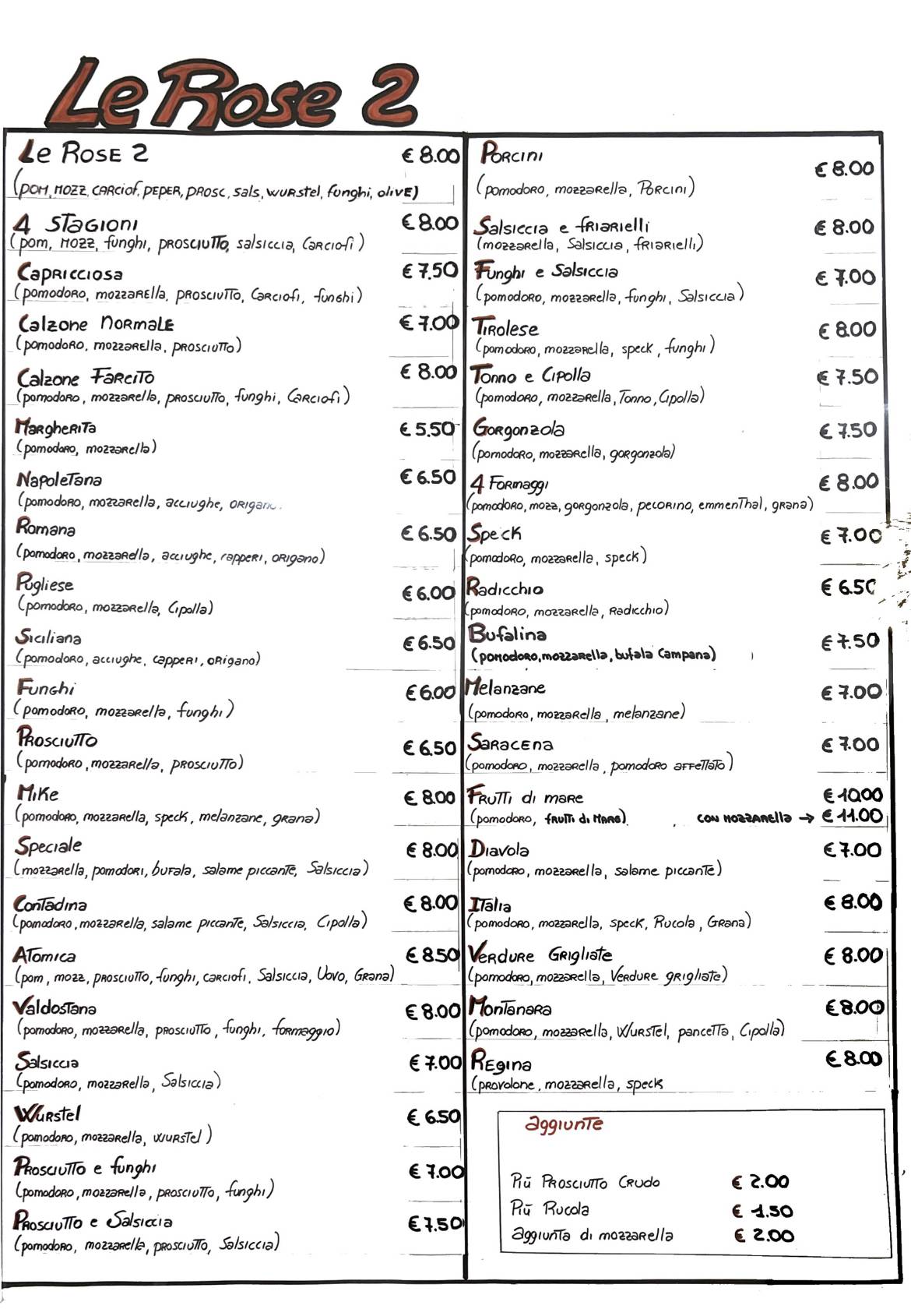 Menu da Ristorante-Pizzeria Le Rose Due, Castel Maggiore