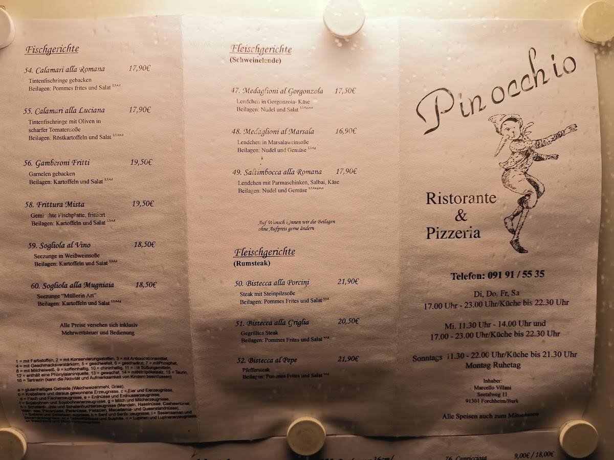 Speisekarte von Ristorante Pizzeria Pinocchio, Forchheim