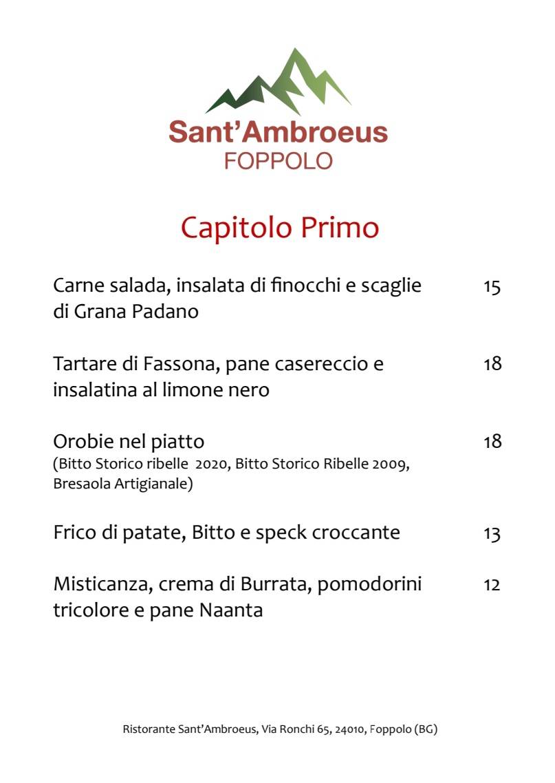 Menu da Ristorante Sant'Ambroeus, Foppolo