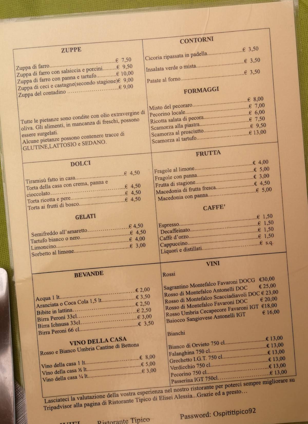 Menu at Ristorante Tipico, Cascia