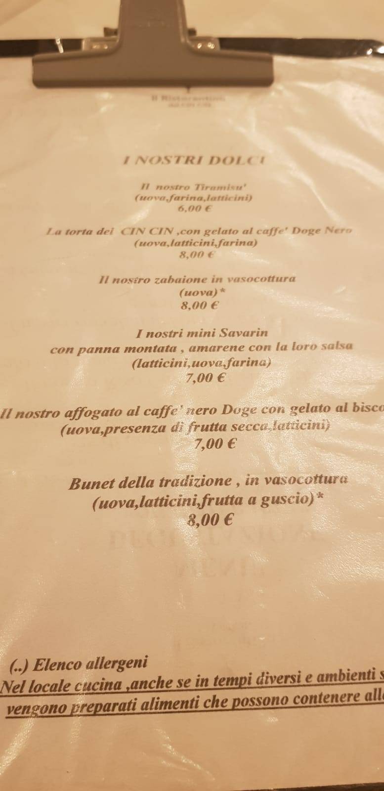 Menu da Ristorantino del Cin Cin, Vercelli, Corso Liberta