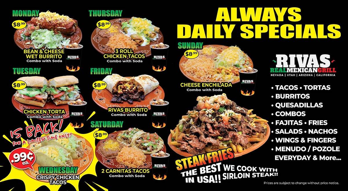 Menu at Rivas Mexican Grill restaurant, Las Vegas, E Sahara Ave